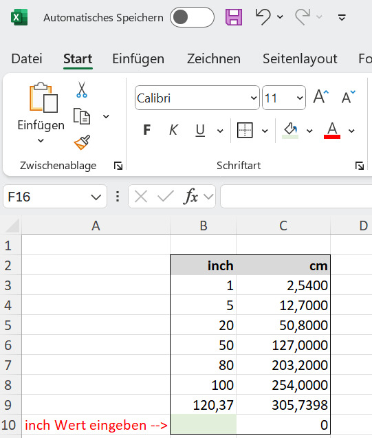 Zoll (inch) Zentimeter (cm) umrechnen