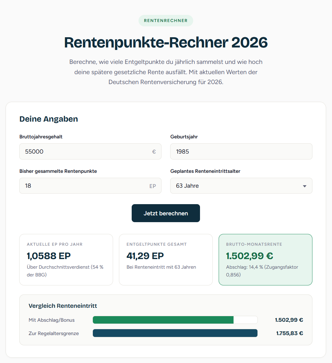 Rentenpunkte-Rechner 2026: Entgeltpunkte & Rente berechnen