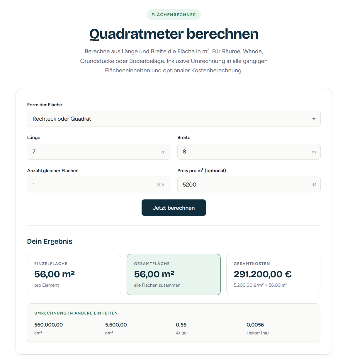 Quadratmeter (m²) Rechner - Länge x Breite = Fläche